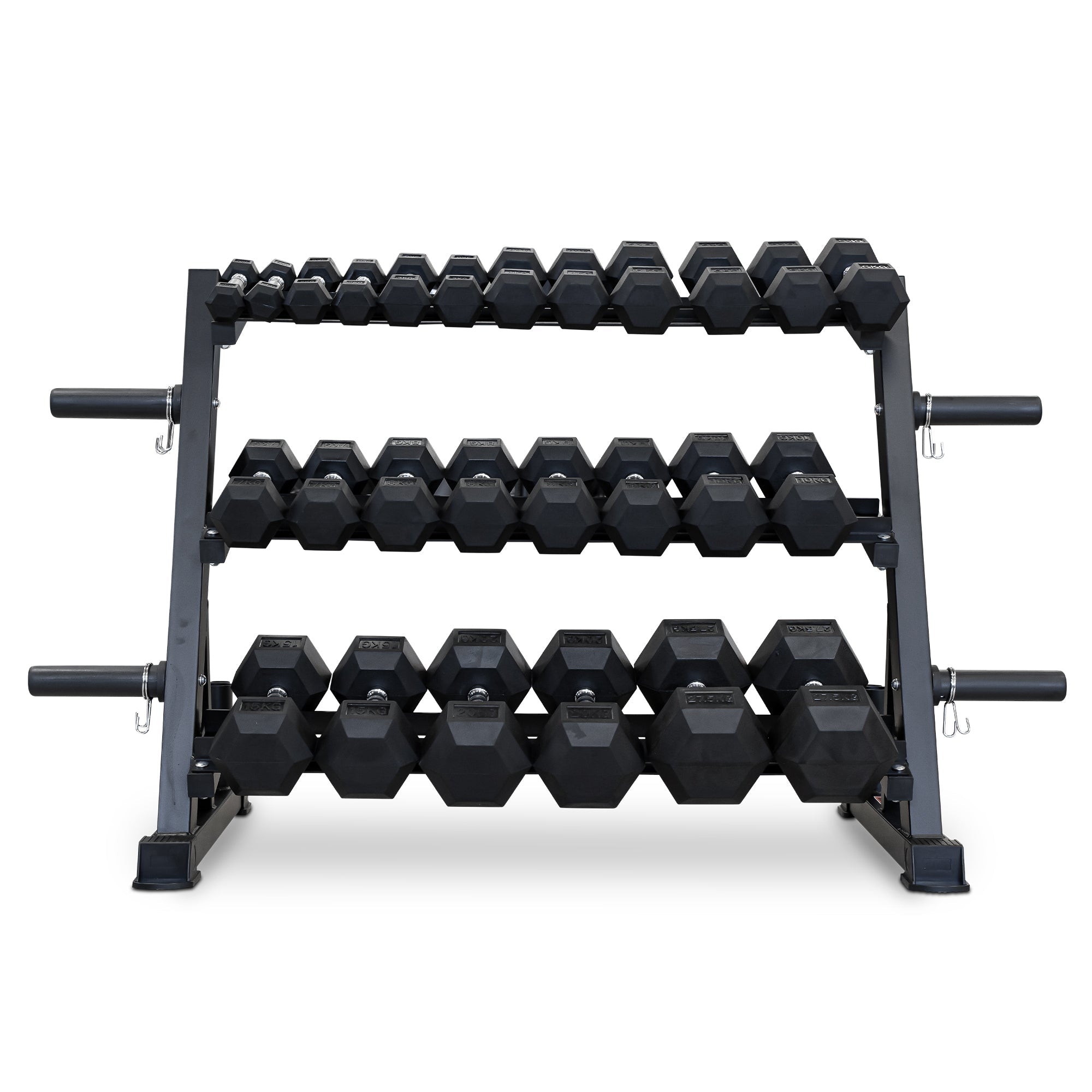 Rubber Hex Dumbbells 1-25kg + 3-Tier Multi-Storage Rack | Complete ...